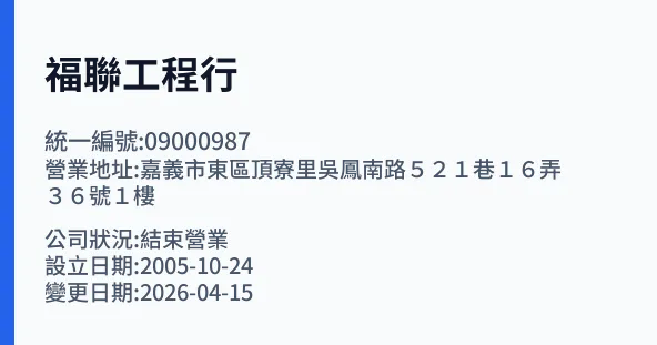 福聯工程行的照片-統編 09000987(嘉義市) 公司登記資料與營業項目詳細圖表