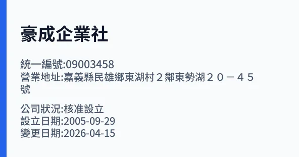 豪成企業社的照片-統編 09003458(嘉義縣) 公司登記資料與營業項目詳細圖表