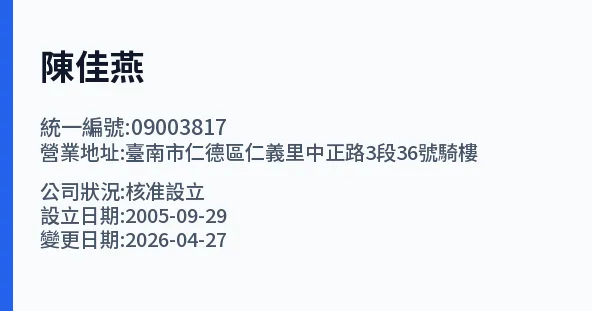 陳佳燕的照片-統編 09003817(臺南市) 公司登記資料與營業項目詳細圖表