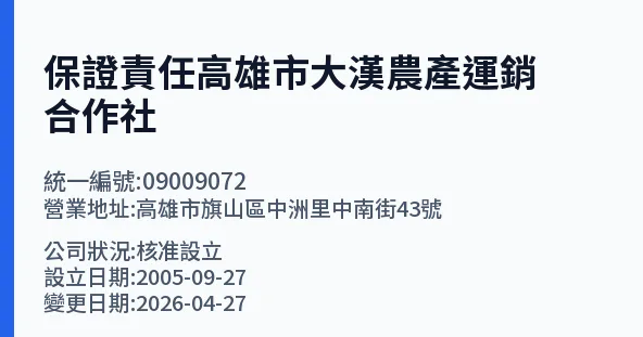 保證責任高雄市大漢農產運銷合作社的照片-統編 09009072(高雄市) 公司登記資料與營業項目詳細圖表
