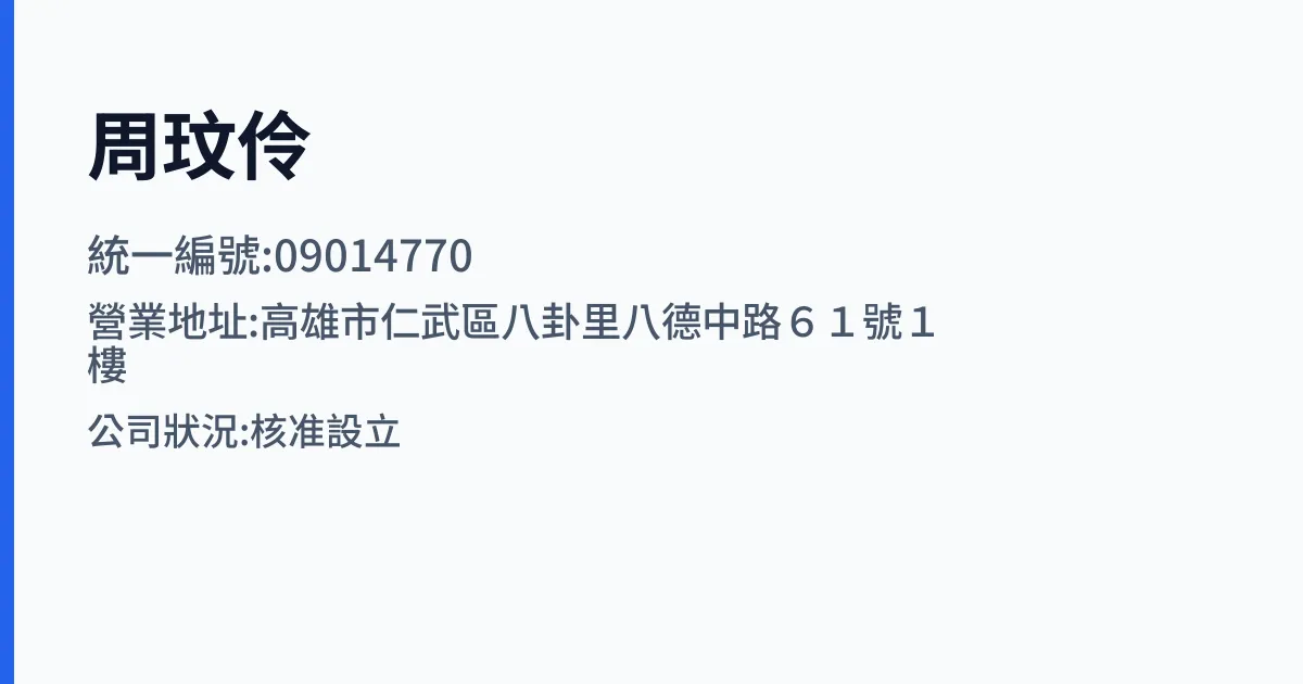 周玟伶 - 統編 09014770(高雄市) 公司登記資料與營業項目詳細圖表