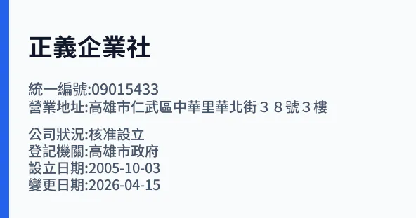 正義企業社的照片-統編 09015433(高雄市) 公司登記資料與營業項目詳細圖表