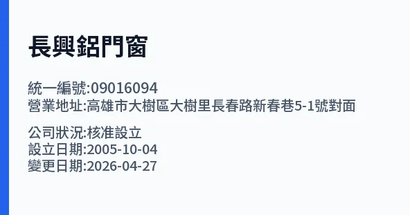 長興鋁門窗的照片-統編 09016094(高雄市) 公司登記資料與營業項目詳細圖表