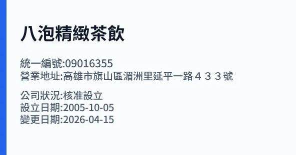 八泡精緻茶飲的照片-統編 09016355(高雄市) 公司登記資料與營業項目詳細圖表