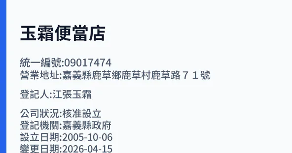 玉霜便當店的照片-統編 09017474(嘉義縣) 公司登記資料與營業項目詳細圖表