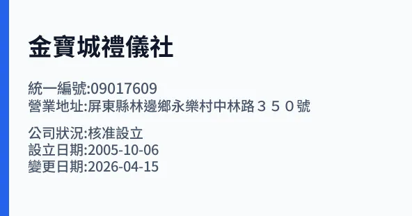 金寶城禮儀社的照片-統編 09017609(屏東縣) 公司登記資料與營業項目詳細圖表