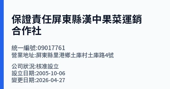 保證責任屏東縣漢中果菜運銷合作社的照片-統編 09017761(屏東縣) 公司登記資料與營業項目詳細圖表