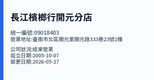 長江檳榔行開元分店的照片-統編 09018403(臺南市) 公司登記資料與營業項目詳細圖表