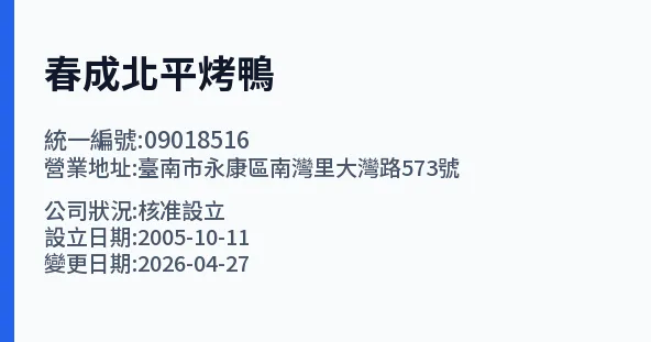 春成北平烤鴨的照片-統編 09018516(臺南市) 公司登記資料與營業項目詳細圖表