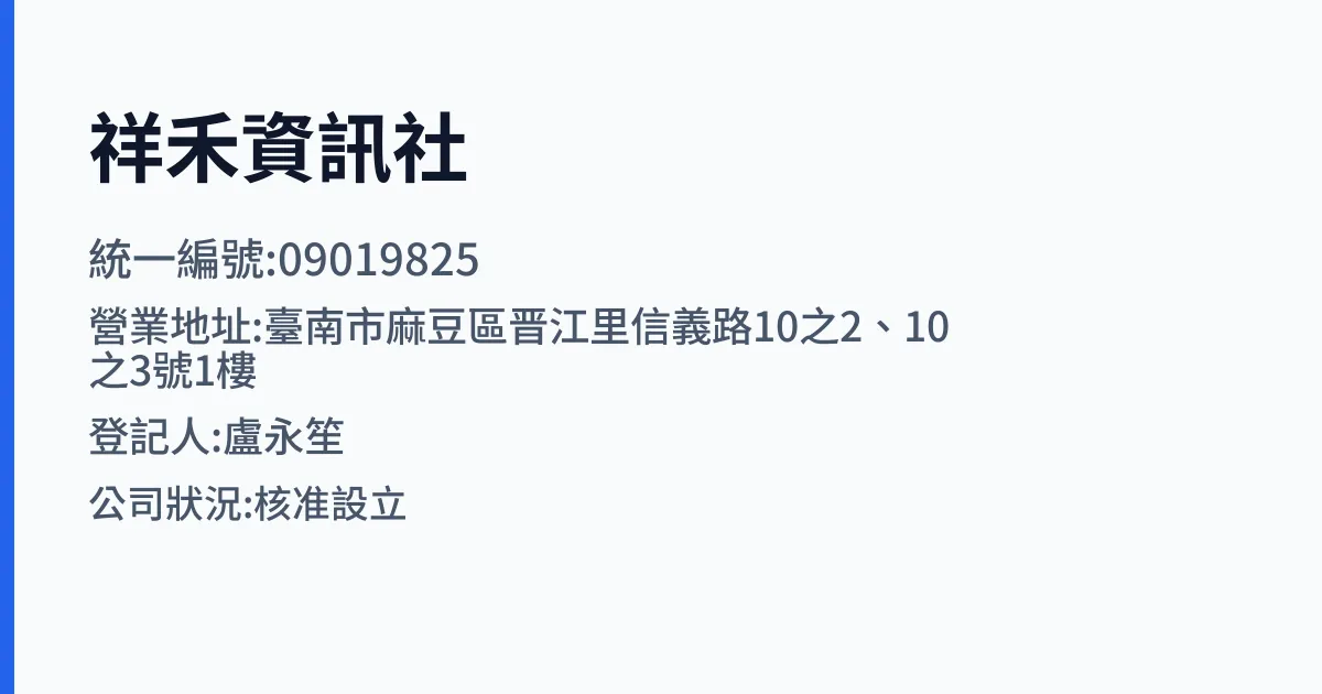 祥禾資訊社 - 統編 09019825（臺南市） 公司登記資料與營業項目詳細圖表