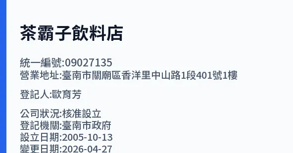 茶霸子飲料店的照片-統編 09027135(臺南市) 公司登記資料與營業項目詳細圖表