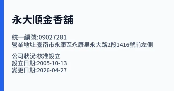 永大順金香舖的照片-統編 09027281(臺南市) 公司登記資料與營業項目詳細圖表