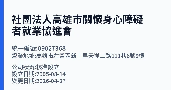 社團法人高雄市關懷身心障礙者就業協進會的照片-統編 09027368(高雄市) 公司登記資料與營業項目詳細圖表
