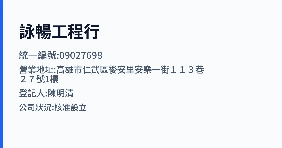 詠暢工程行 - 統編 09027698(高雄市) 公司登記資料與營業項目詳細圖表