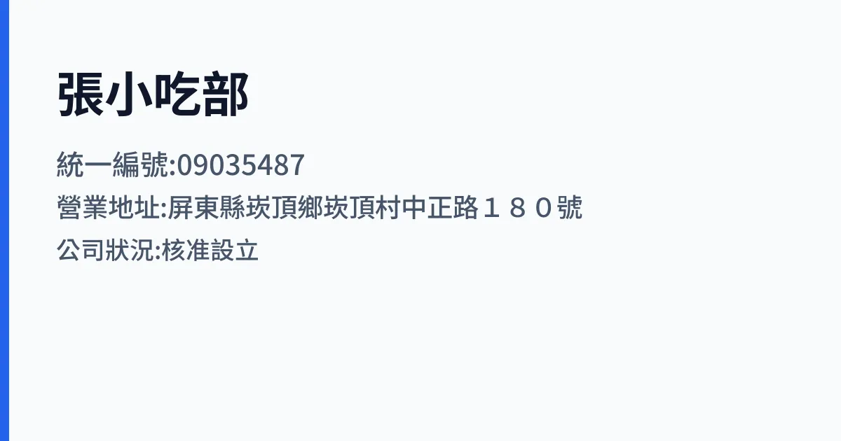 張小吃部 - 統編 09035487(屏東縣) 公司登記資料與營業項目詳細圖表