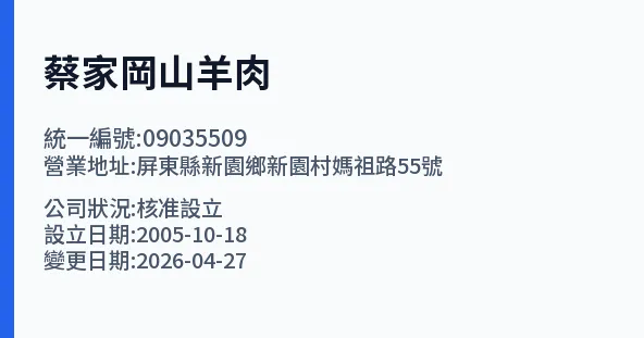 蔡家岡山羊肉的照片-統編 09035509(屏東縣) 公司登記資料與營業項目詳細圖表