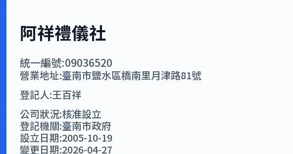 阿祥禮儀社的照片-統編 09036520(臺南市) 公司登記資料與營業項目詳細圖表
