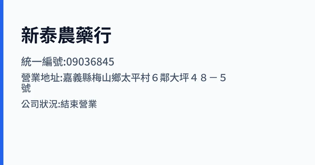 新泰農藥行 - 統編 09036845(嘉義縣) 公司登記資料與營業項目詳細圖表