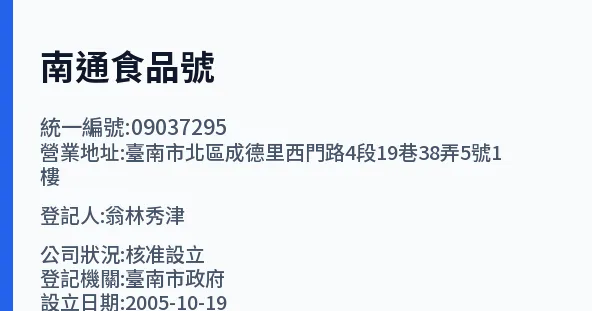 南通食品號的照片-統編 09037295(臺南市) 公司登記資料與營業項目詳細圖表