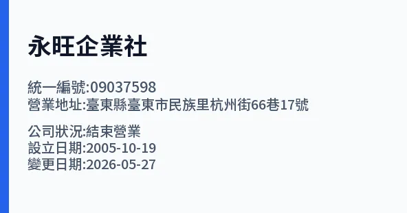 永旺企業社的照片-統編 09037598(臺東縣) 公司登記資料與營業項目詳細圖表