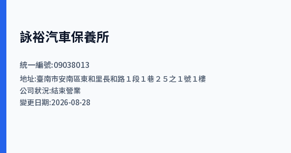 詠裕汽車保養所的照片-統編 09038013(臺南市) 公司登記資料與營業項目詳細圖表