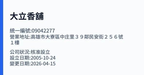 大立香舖的照片-統編 09042277(高雄市) 公司登記資料與營業項目詳細圖表