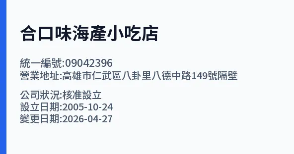 合口味海產小吃店的照片-統編 09042396(高雄市) 公司登記資料與營業項目詳細圖表