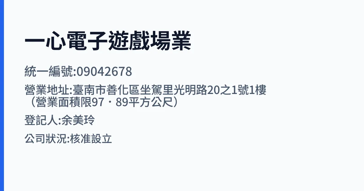 一心電子遊戲場業 - 統編 09042678(臺南市) 公司登記資料與營業項目詳細圖表