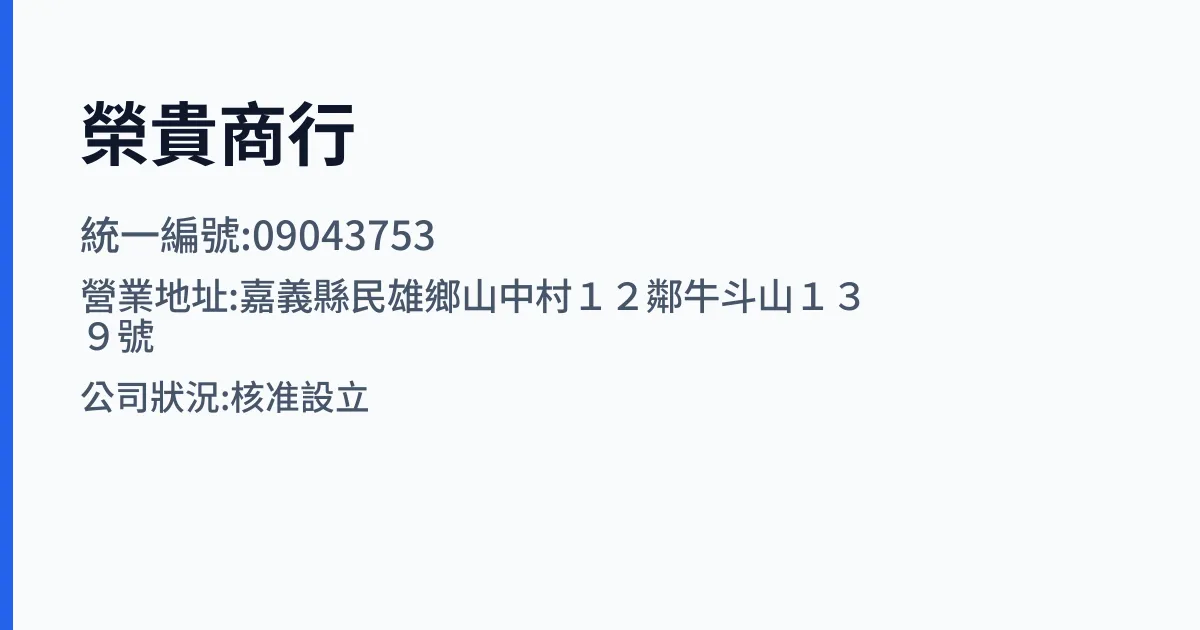 榮貴商行 - 統編 09043753(嘉義縣) 公司登記資料與營業項目詳細圖表