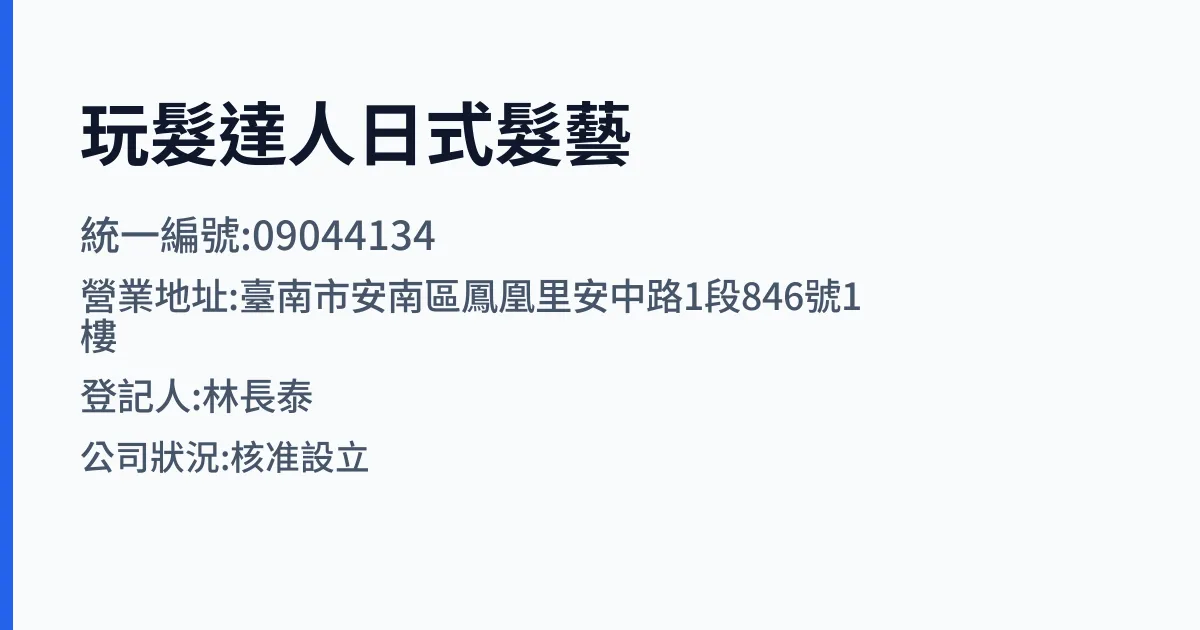 玩髮達人日式髮藝 - 統編 09044134(臺南市) 公司登記資料與營業項目詳細圖表