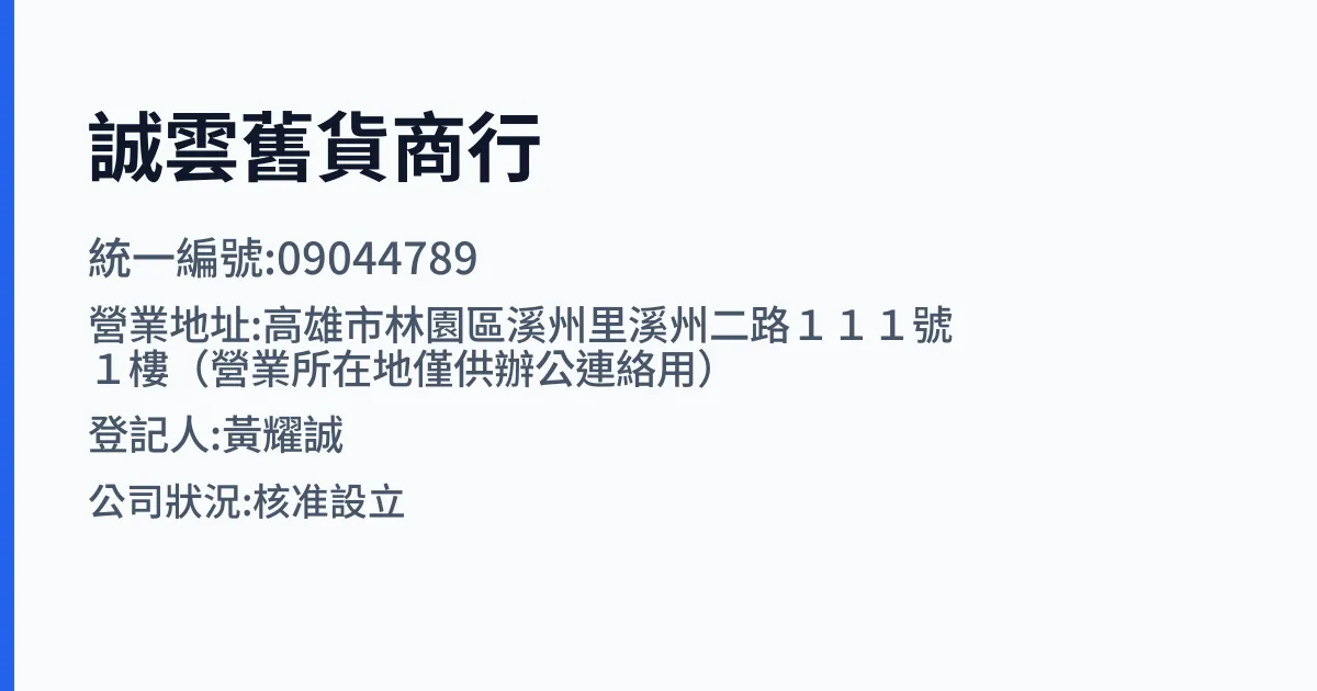 誠雲舊貨商行 - 統編 09044789(高雄市) 公司登記資料與營業項目詳細圖表