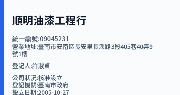 順明油漆工程行的照片-統編 09045231(臺南市) 公司登記資料與營業項目詳細圖表
