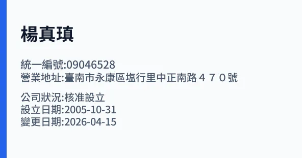 楊真瑱的照片-統編 09046528(臺南市) 公司登記資料與營業項目詳細圖表