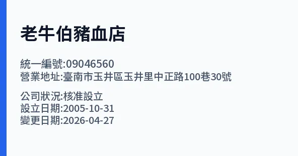 老牛伯豬血店的照片-統編 09046560(臺南市) 公司登記資料與營業項目詳細圖表
