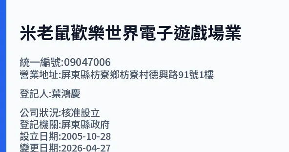 米老鼠歡樂世界電子遊戲場業的照片-統編 09047006(屏東縣) 公司登記資料與營業項目詳細圖表