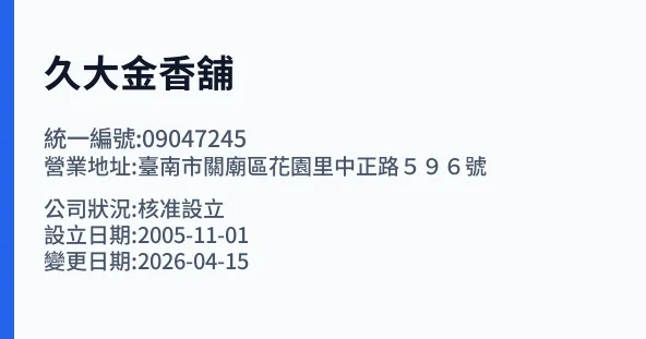 久大金香舖的照片-統編 09047245(臺南市) 公司登記資料與營業項目詳細圖表