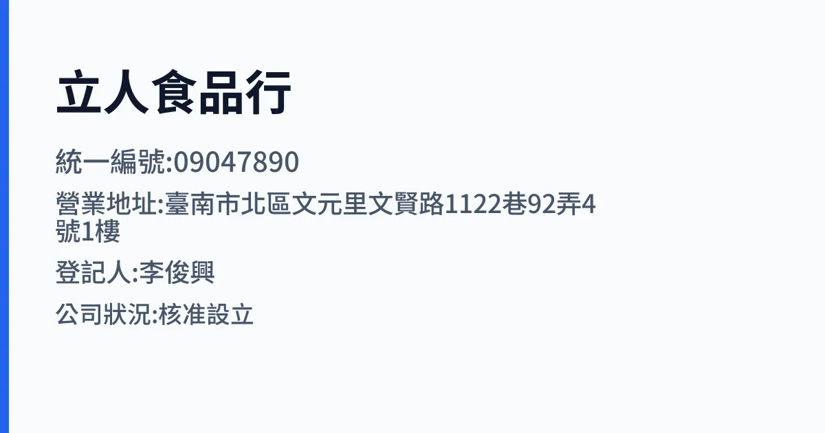 立人食品行 - 統編 09047890(臺南市) 公司登記資料與營業項目詳細圖表