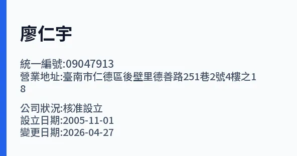 廖仁宇的照片-統編 09047913(臺南市) 公司登記資料與營業項目詳細圖表