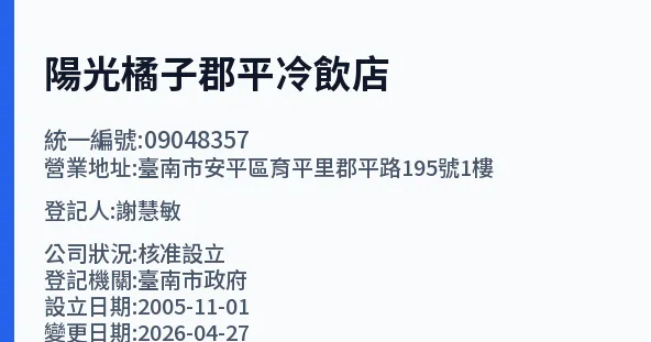 陽光橘子郡平冷飲店的照片-統編 09048357(臺南市) 公司登記資料與營業項目詳細圖表