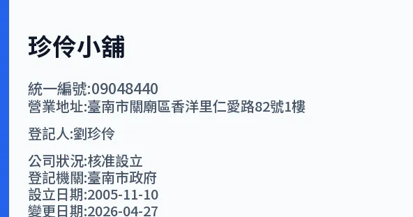 珍伶小舖的照片-統編 09048440(臺南市) 公司登記資料與營業項目詳細圖表