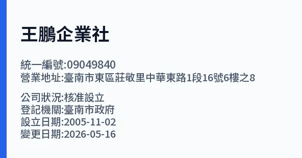 王鵬企業社的照片-統編 09049840(臺南市) 公司登記資料與營業項目詳細圖表