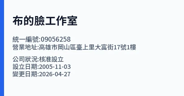 布的臉工作室的照片-統編 09056258(高雄市) 公司登記資料與營業項目詳細圖表