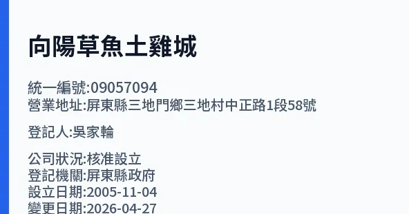 向陽草魚土雞城的照片-統編 09057094(屏東縣) 公司登記資料與營業項目詳細圖表