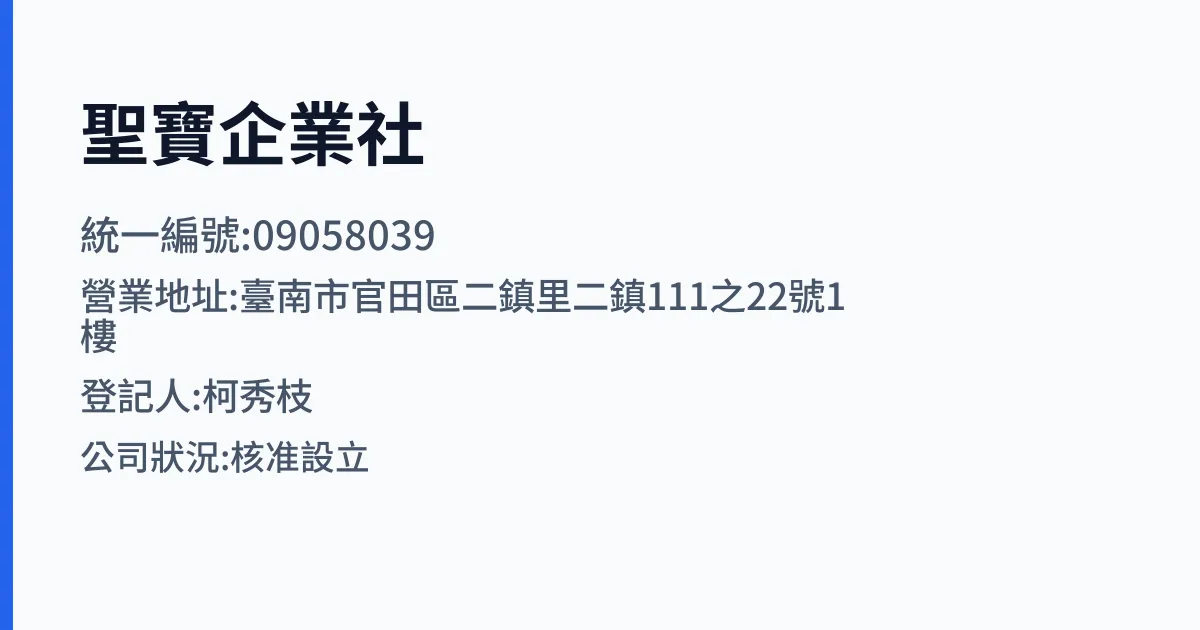 聖寶企業社 - 統編 09058039(臺南市) 公司登記資料與營業項目詳細圖表