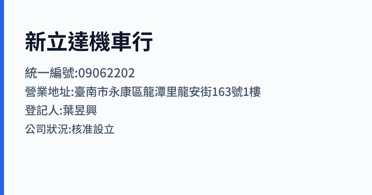 新立達機車行 - 統編 09062202(臺南市) 公司登記資料與營業項目詳細圖表