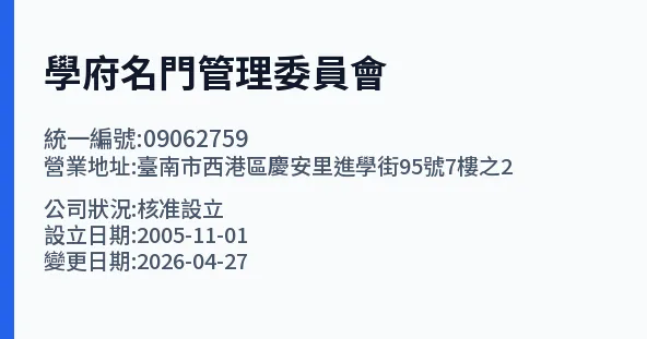 學府名門管理委員會的照片-統編 09062759(臺南市) 公司登記資料與營業項目詳細圖表