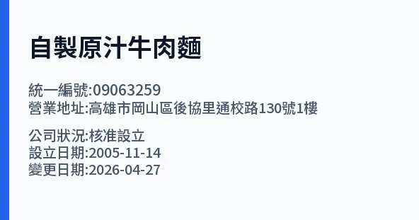 自製原汁牛肉麵的照片-統編 09063259(高雄市) 公司登記資料與營業項目詳細圖表