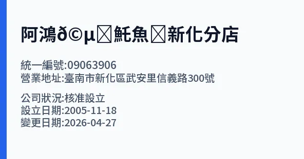 阿鴻𩵚魠魚焿新化分店的照片-統編 09063906(臺南市) 公司登記資料與營業項目詳細圖表