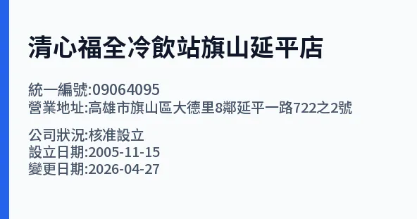 清心福全冷飲站旗山延平店的照片-統編 09064095(高雄市) 公司登記資料與營業項目詳細圖表