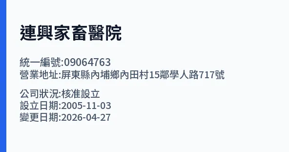 連興家畜醫院的照片-統編 09064763(屏東縣) 公司登記資料與營業項目詳細圖表
